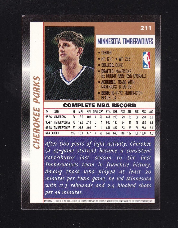 1998-99 Topps Cherokee Parks #211 Minnesota Timberwolves | eBay