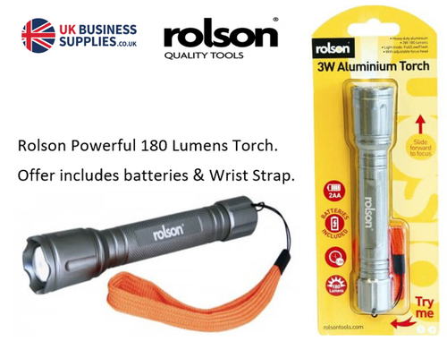 Rolson Powerful Aluminium 180 Lumens Torch. Includes batteries & Wrist ...