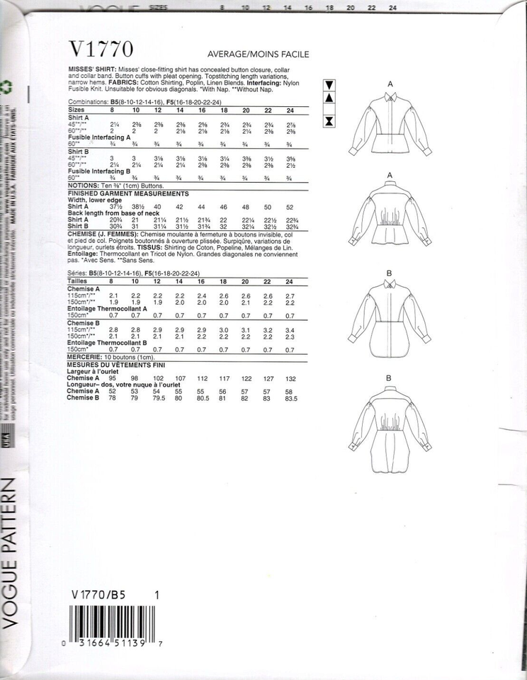 Vogue V1770 Misses 8 to 16 Button Up Blouse Uncut Sewing Pattern | eBay