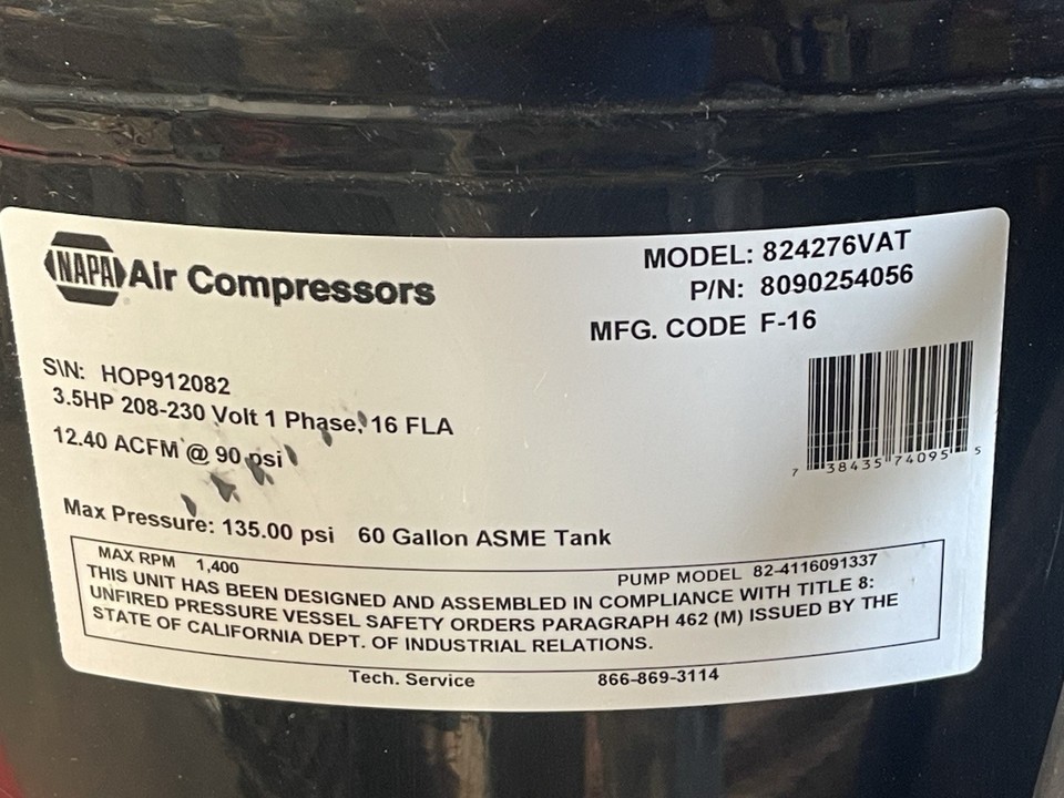 Napa Air-Boss Air Compressor, 3.5HP 208-230V 1Ph, 135 Psi Max ...