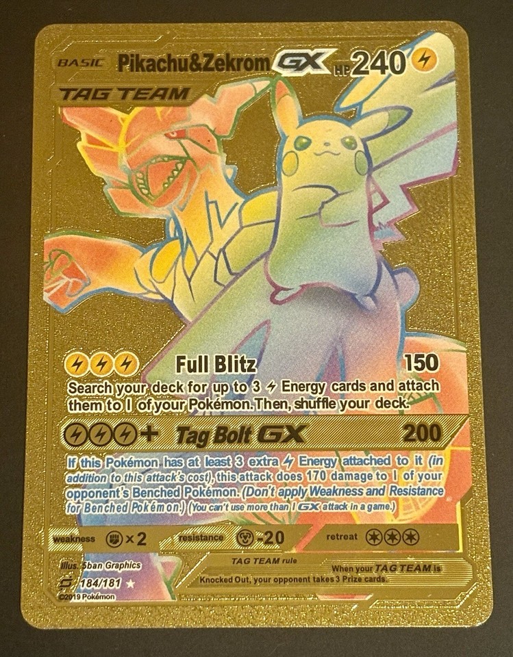 2019 Pokémon Pikachu & Zekrom GX 184/181 Tag Team Fan Art Gold Card ...