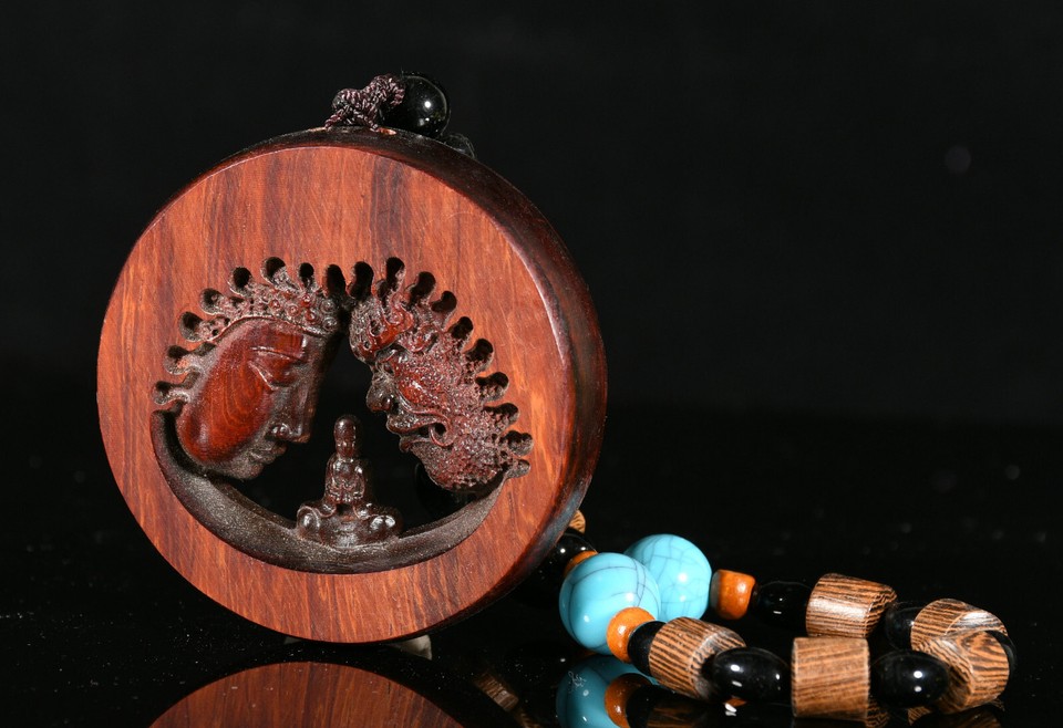 Old Chinese Wood Carving Buddha Devil Head Damo Enlightenment Amulet ...