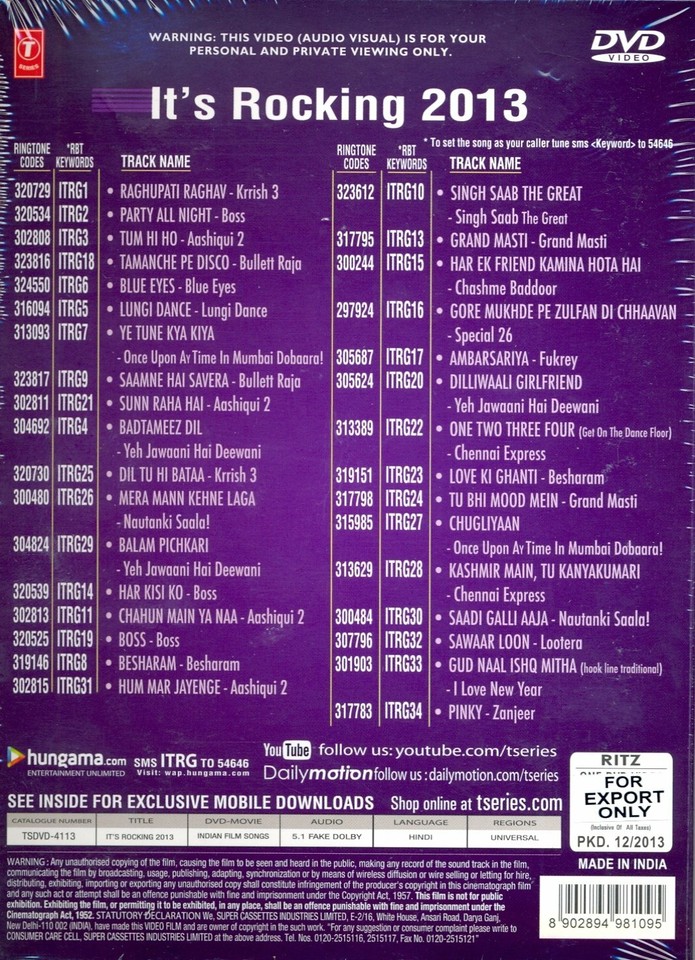 ITS ROCKING 2013 - 30 HIT SONGS - BOLLYWOOD MUSIC DVD | eBay UK
