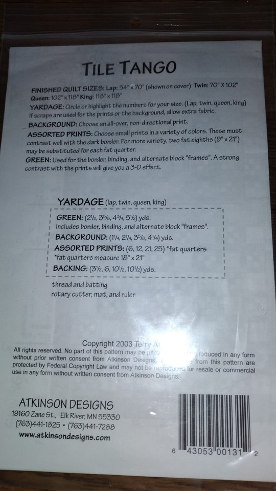 TILE TANGO Quilt Pattern, Atkinson Designs ATK-131 | eBay