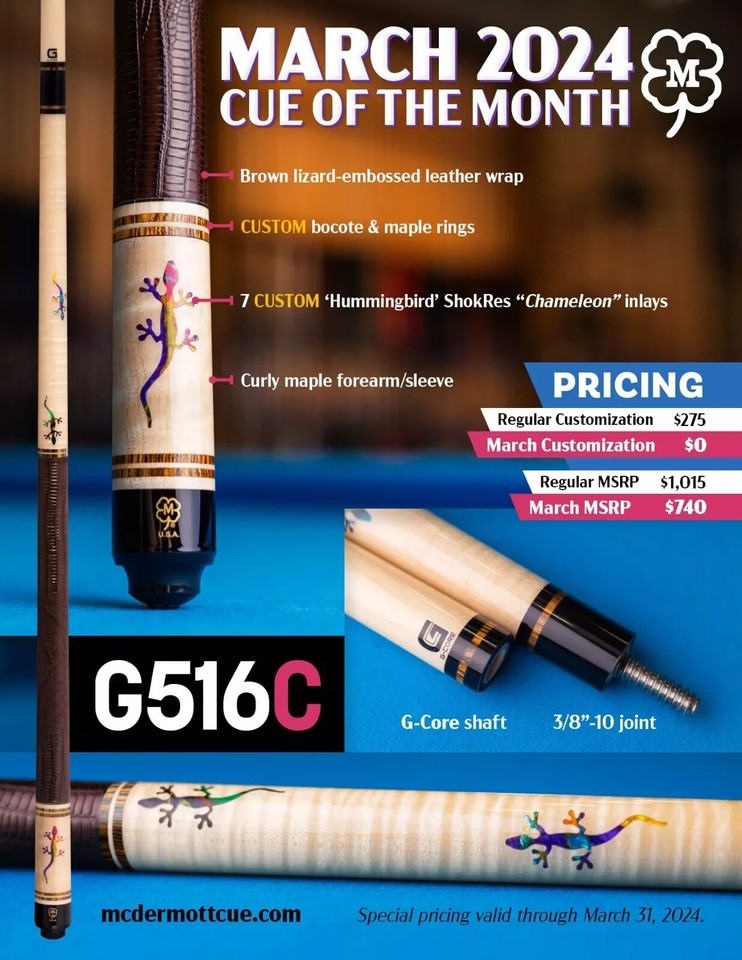 McDermott G516 C3 Billiard Cue with 12.75mm G-Core, Brown Lizard Wrap ...