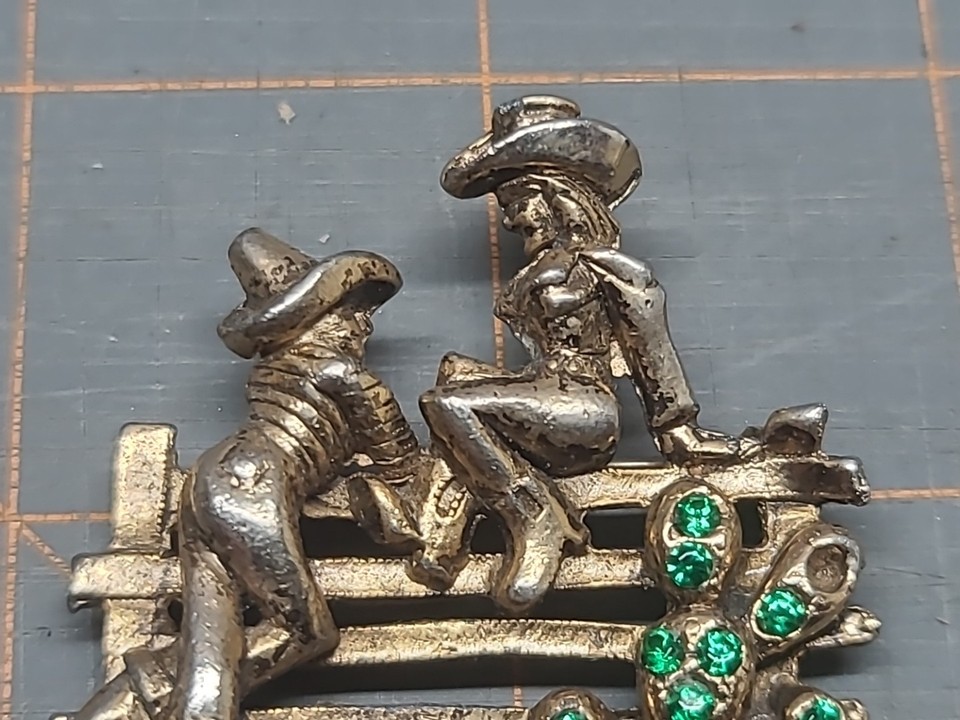 VTG Gold Tone Cowboy And Cowgirl On Fence Cactus Figural Western Brooch ...