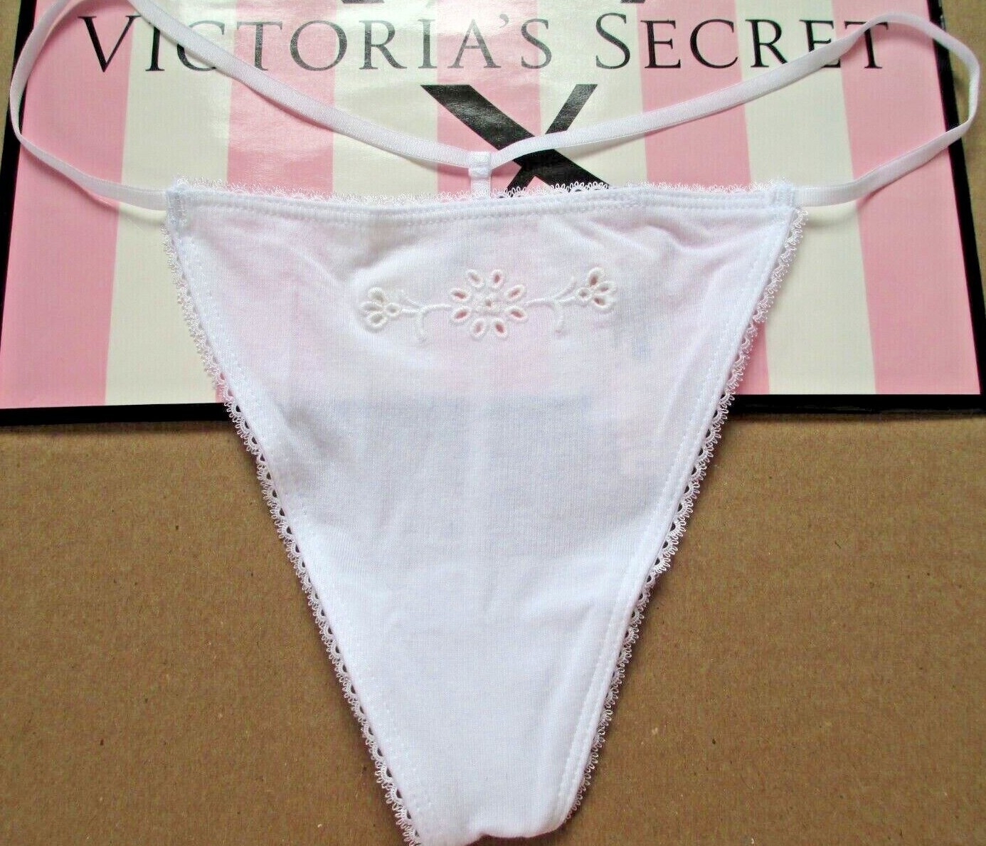 VICTORIA'S SECRET White Cotton V-String Thong Panty Eyelet Embroidery S ...
