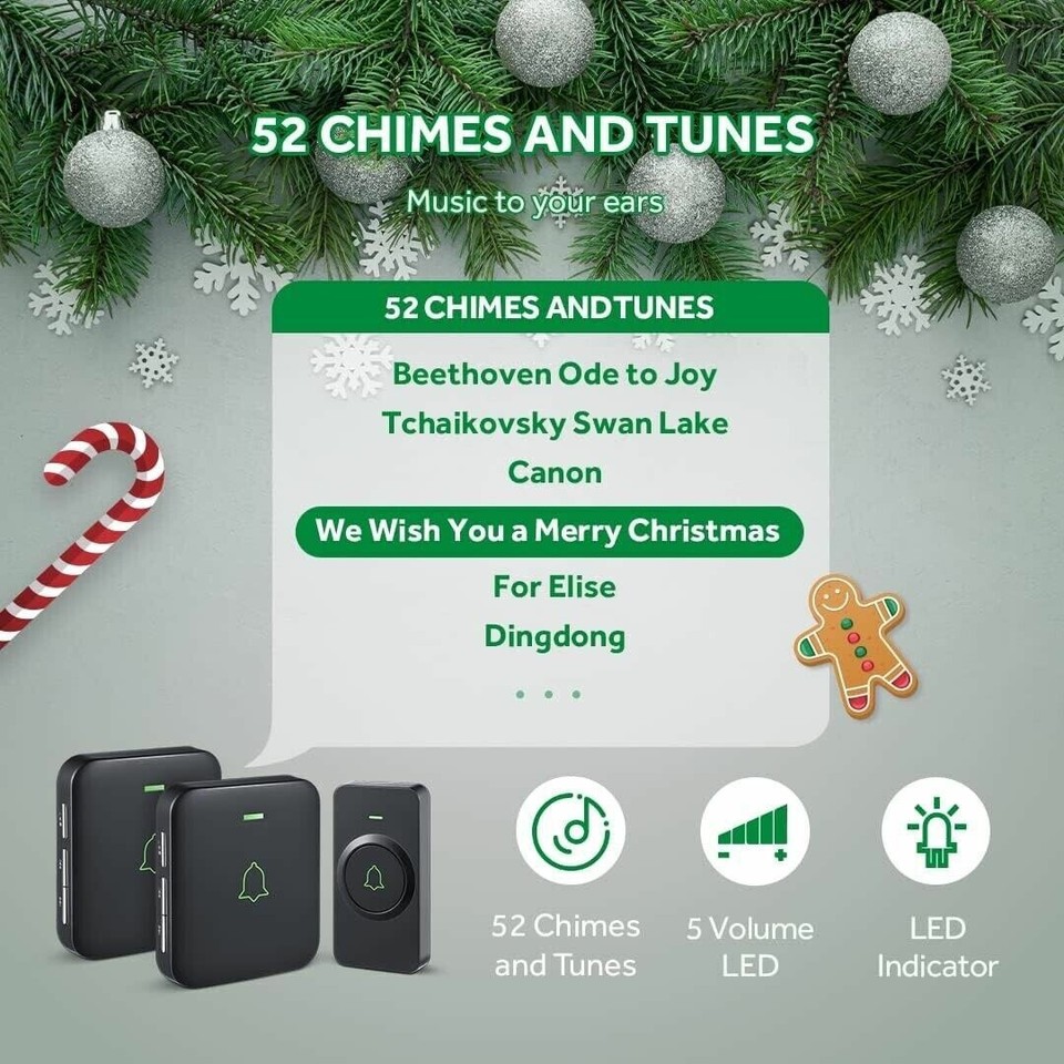 Wireless Doorbell AVANTEK IP55 Waterpoof 1000ft 5Level Volume LED 2 ...