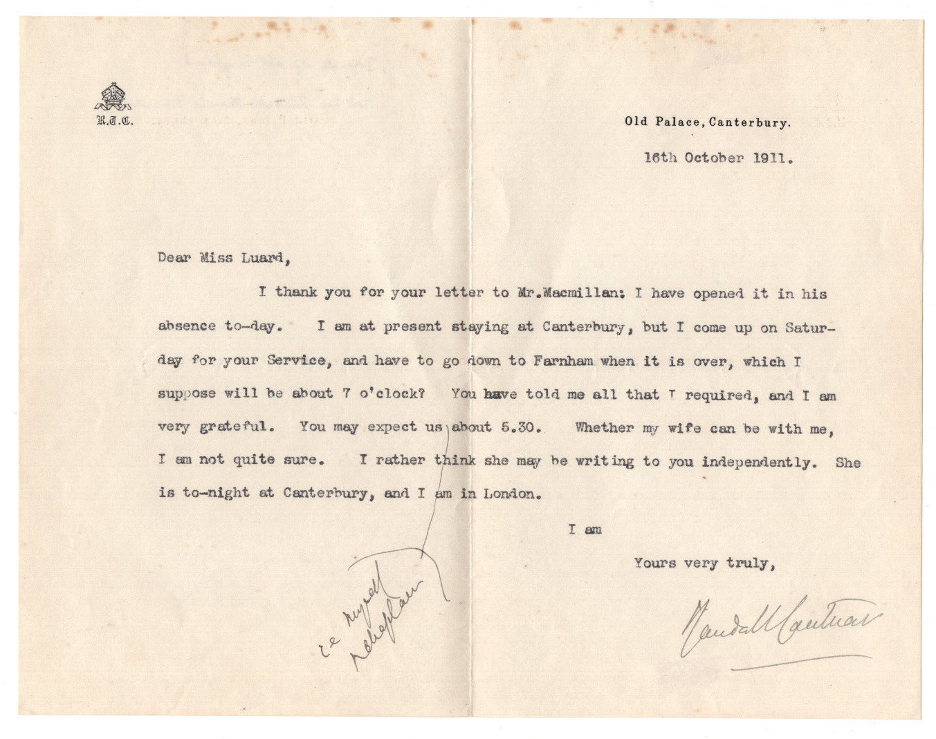 Randall Davidson, Archbishop of Canterbury Signed Letter 1911 ...