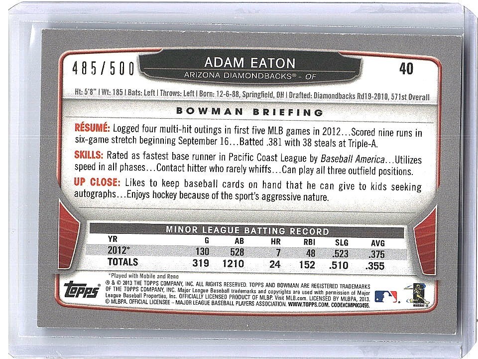 2013 Bowman Blue Border /500 Adam Eaton #40 Rookie RC Diamondbacks | eBay