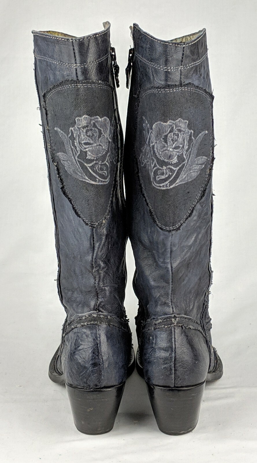 Mark Nason Siren Vero Cuoio Blue Leather Zip Boots EUC Rose Appliqué ...