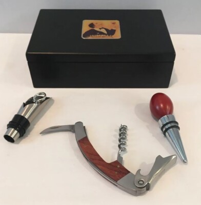 Trudeau Wine Set In Decorative Box Cork Screw, Pourer and Wine Bottle ...
