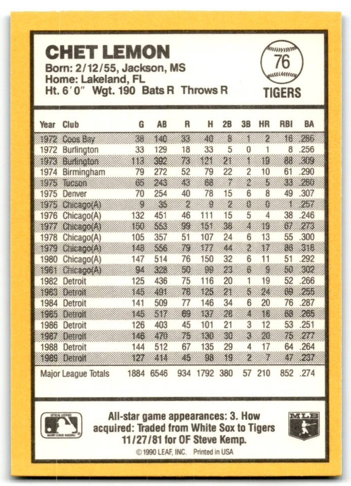 1990 Donruss Best of the AL Chet Lemon Detroit Tigers #76 | eBay