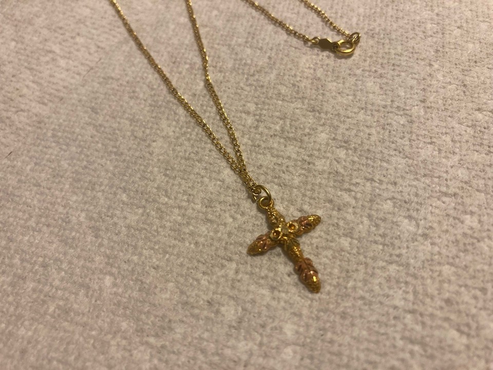 10 K Black Hills Gold 1 Inch Cross Pendant With Gold Filled 16” Chain ...