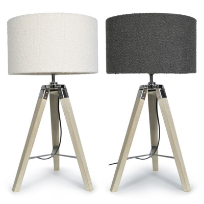 Tripod Table Lamp Chrome & Wood Living Room Light Boucle Dum Lampshade ...