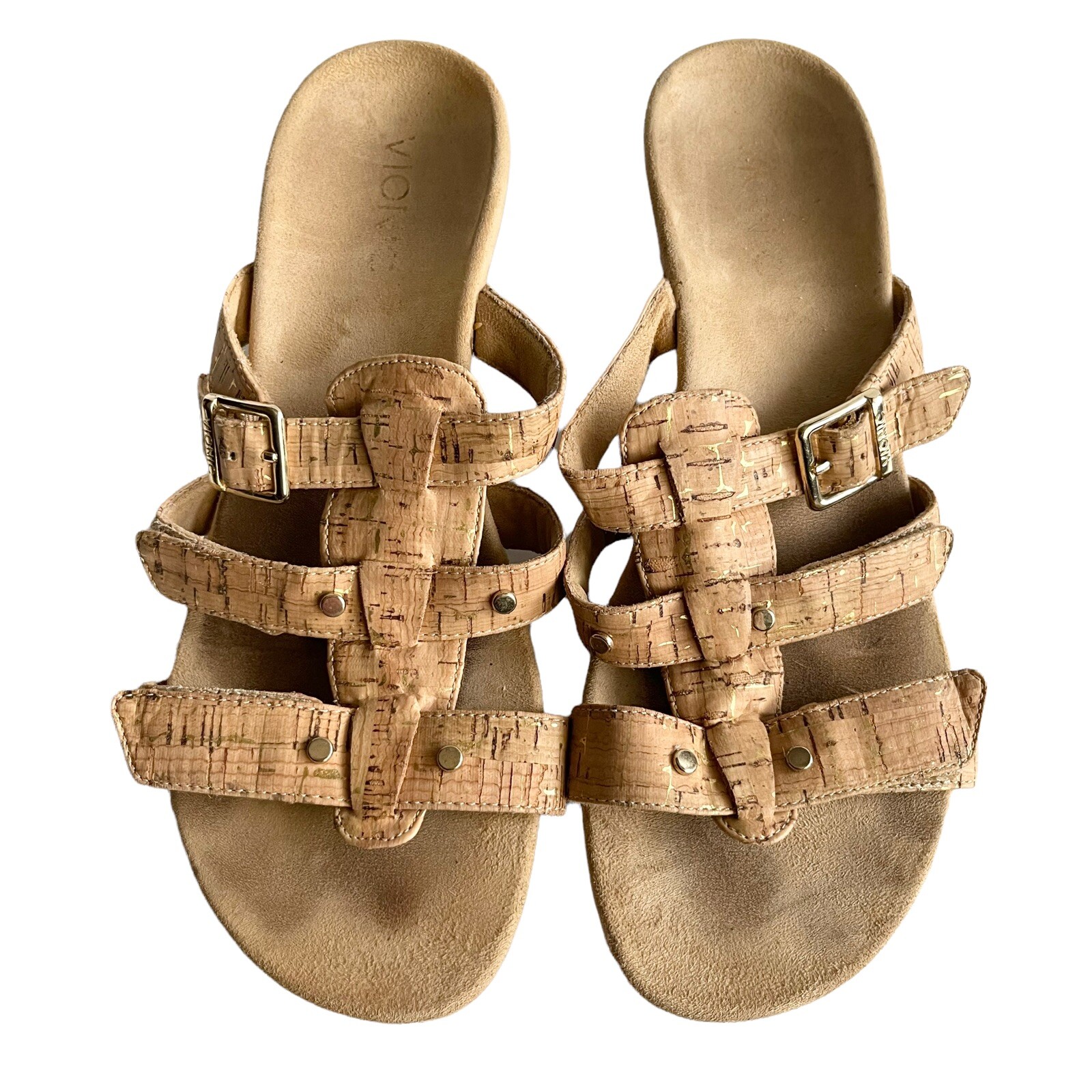 Vionic Orthaheel PARK RADIA Adjustable Strap Wedge Slides GOLD CORK 6.5 ...