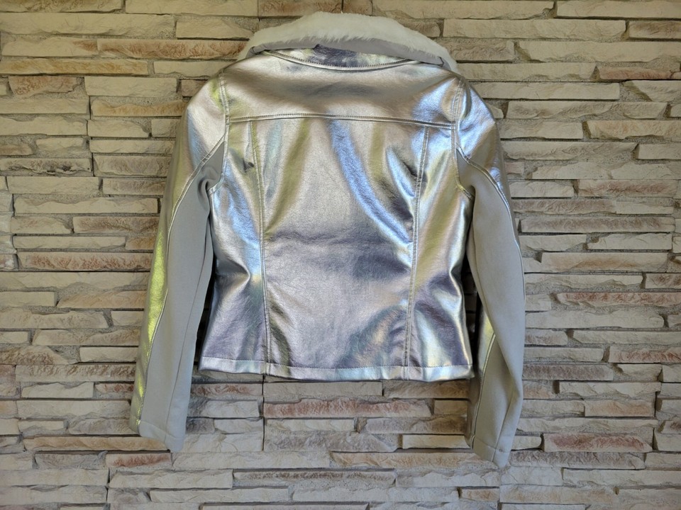 Justice Girls Silver Metallic Jacket Detachable fur collar Size 12/14 ...