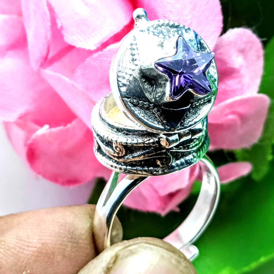 Amethyst poison ring, Sterling Silver Ring, Openable Poison Pill Box ...