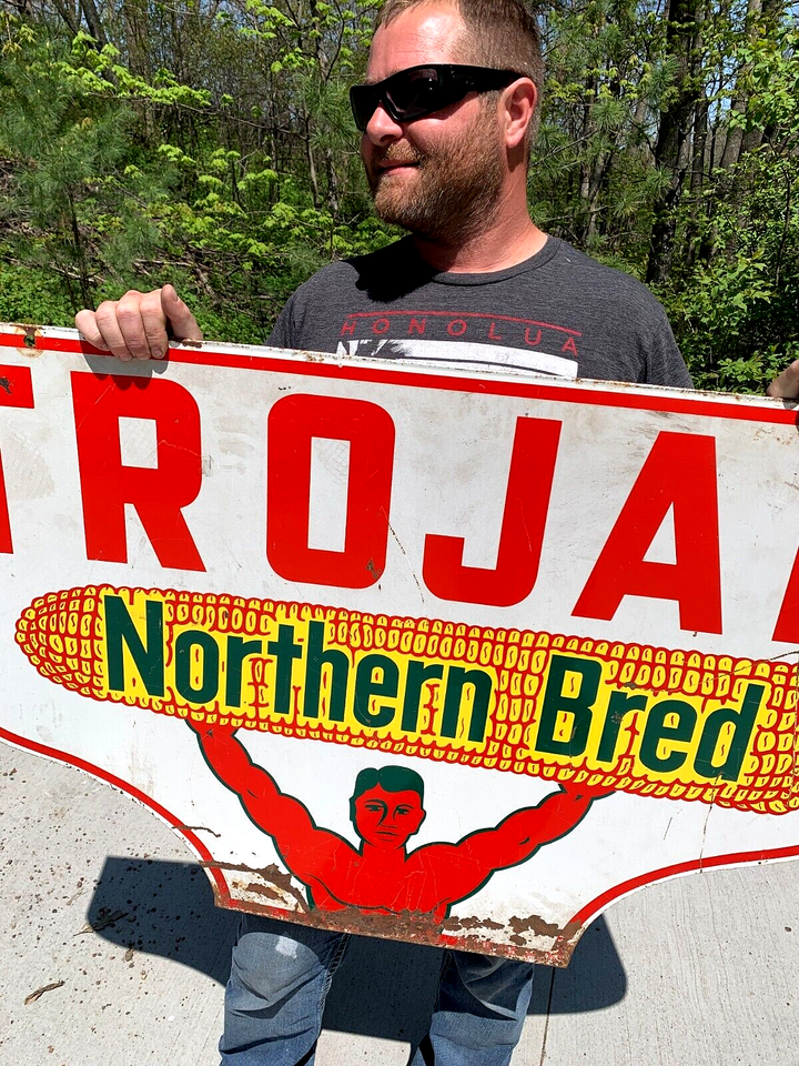 Vintage Lg 48 inch Trojan Farm Seed Corn Feed metal Sign corn and guy ...