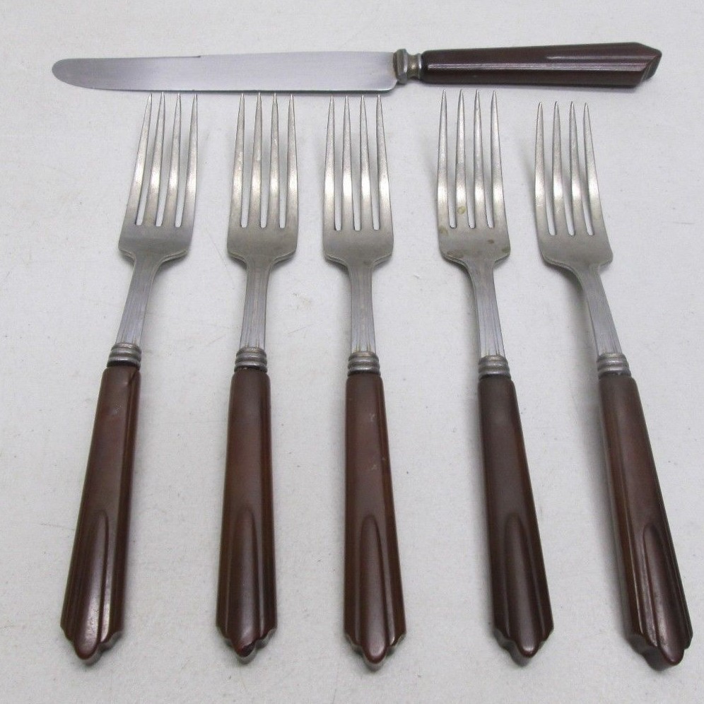Lot of 11 pc Perma Brite Bakelite Amber Art Deco Stainless Flatware NS ...