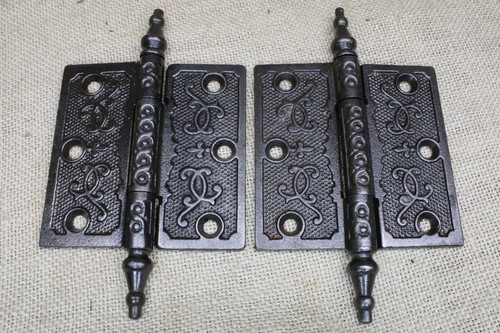 2 Old Door Hinges 3 1/2 X 3 1/2" Antique Steeple Top Pin Vintage Cast ...