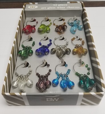~Charming 12pc. set Art Glass Wine Charms~ NIB~ assorted colors~ Price ...