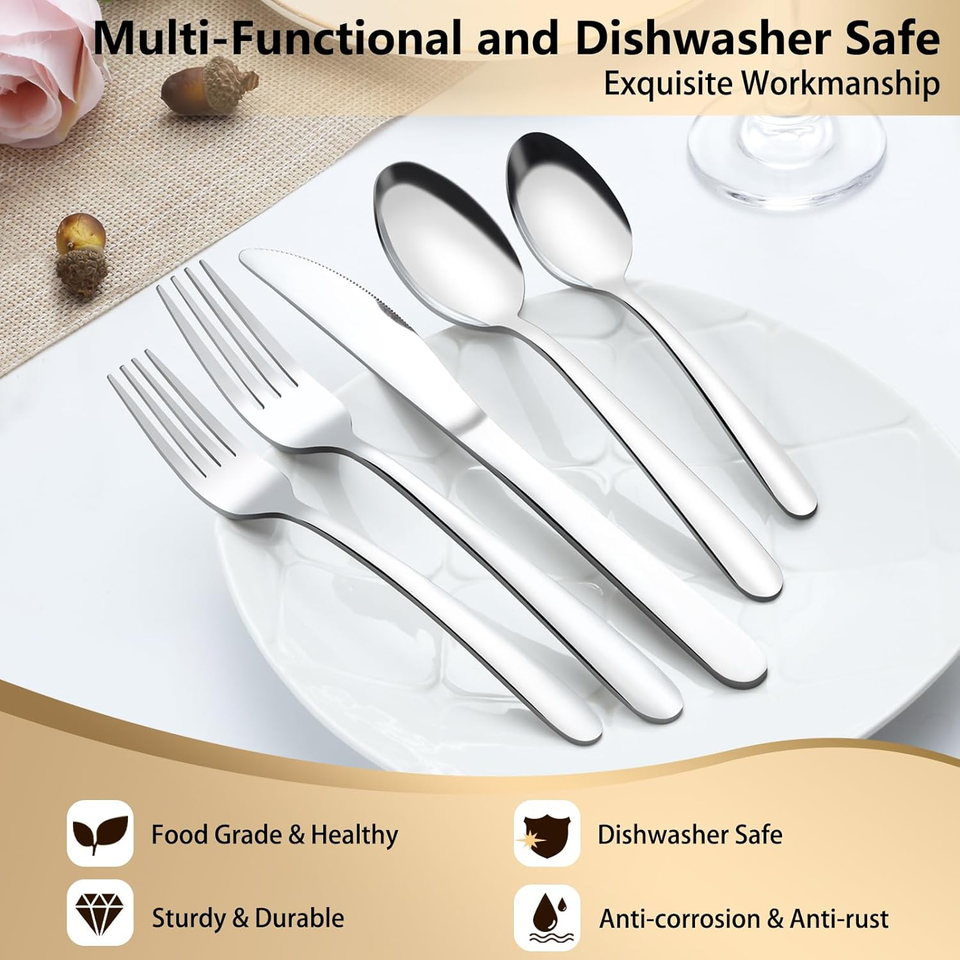 60 Piece Silverware Set for 12, Premium Stainless Steel Flatware Mirror ...