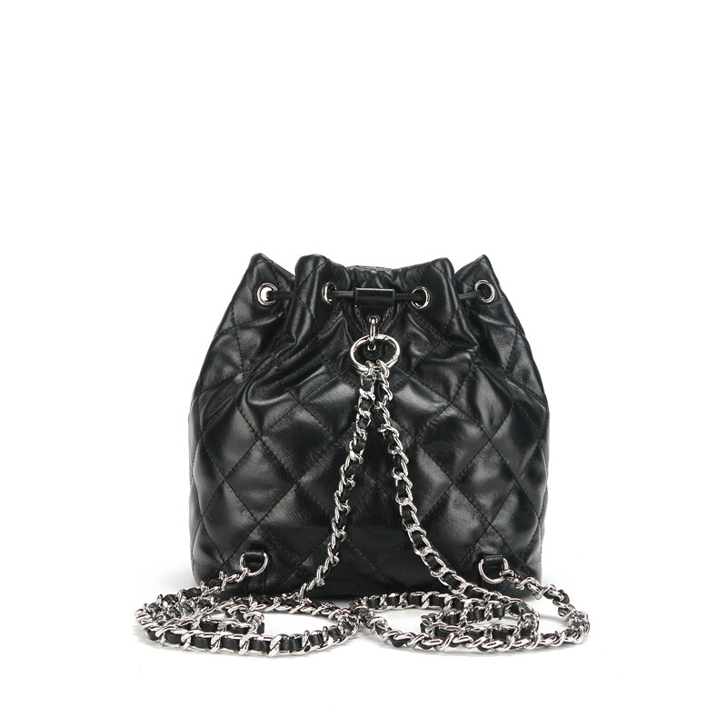 Small Mini Quilted Real Leather Drawstring Bucket Backpack Chains Purse ...