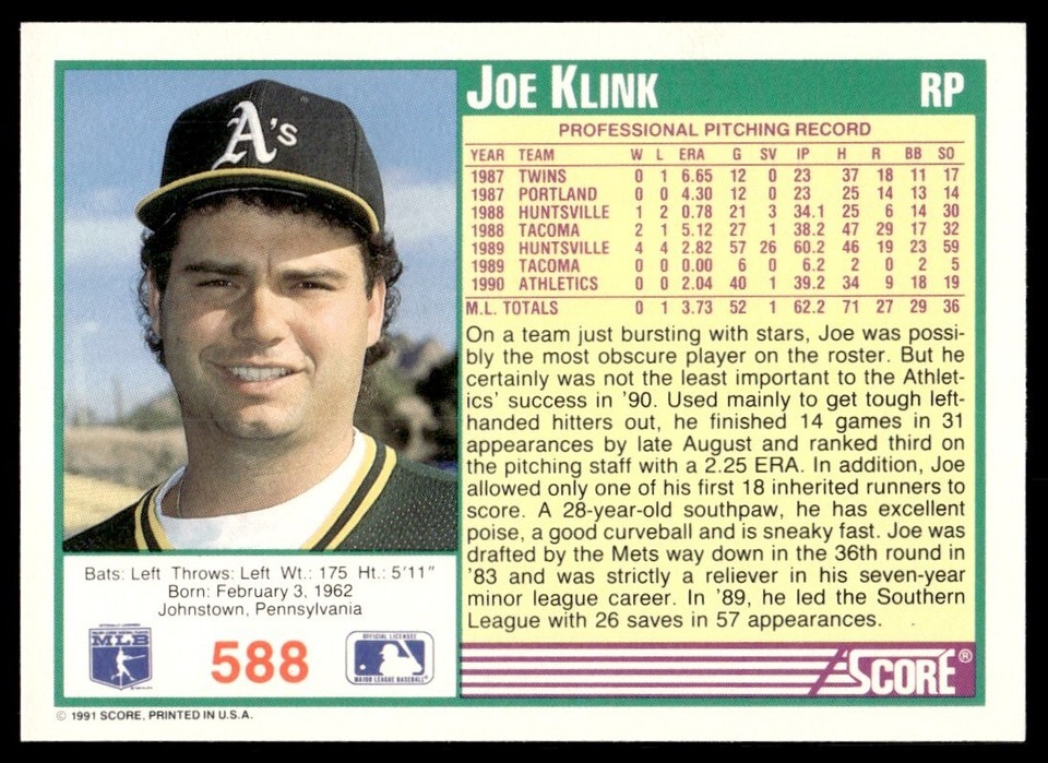 1991 Score Baseball Card Joe Klink Oakland Athletics #588 | eBay