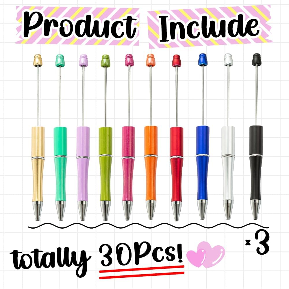 30Pcs Beadable Pens Bulk, Plastic Bead Pen Black Ink Ballpoint Pens ...