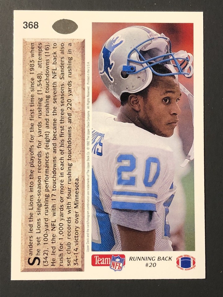 Barry Sanders 1992 Upper Deck Team MVP #368 Detroit Lions *FREE ...