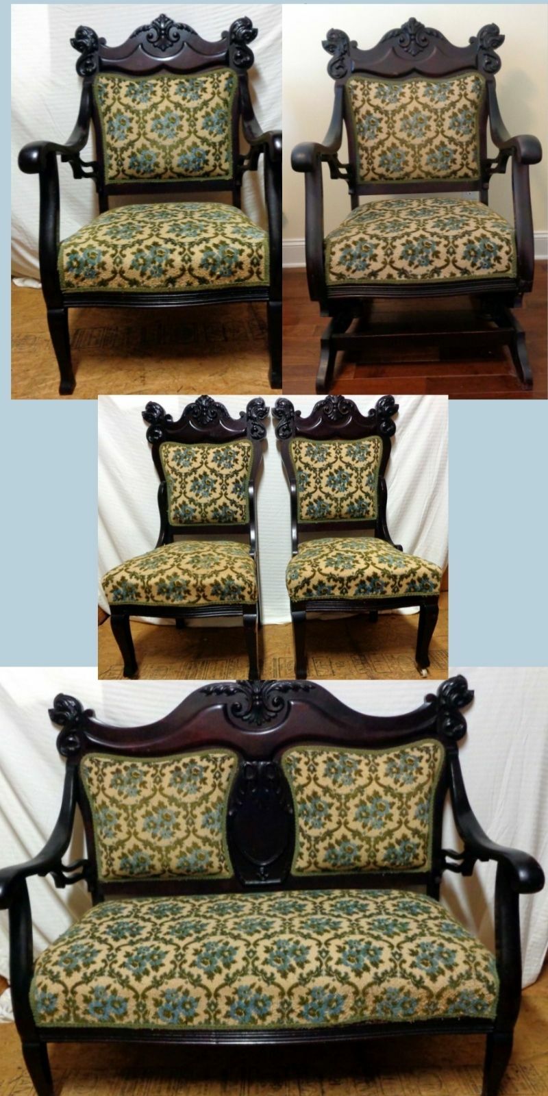 VTG ANTIQUE 5-PC COMPLETE VICTORIAN EDWARDIAN CARVED FURNITURE PARLOR ...