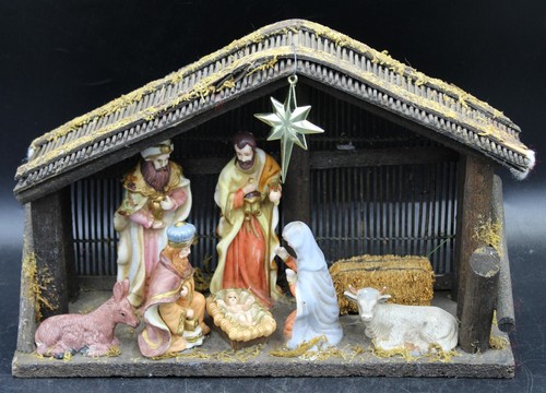 Christmas Nativity 7 Porcelain Figures On Wood Barn Vintage | eBay
