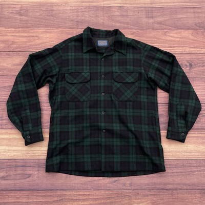 Vintage Pendleton Green Blue Wool Board Shirt Loop Collar Flannel USA ...