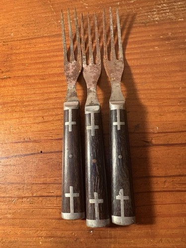 12 Pc Civil War Era 3 TINE FORK & KNIFE Wood Handle Cross Pewter Inlay ...