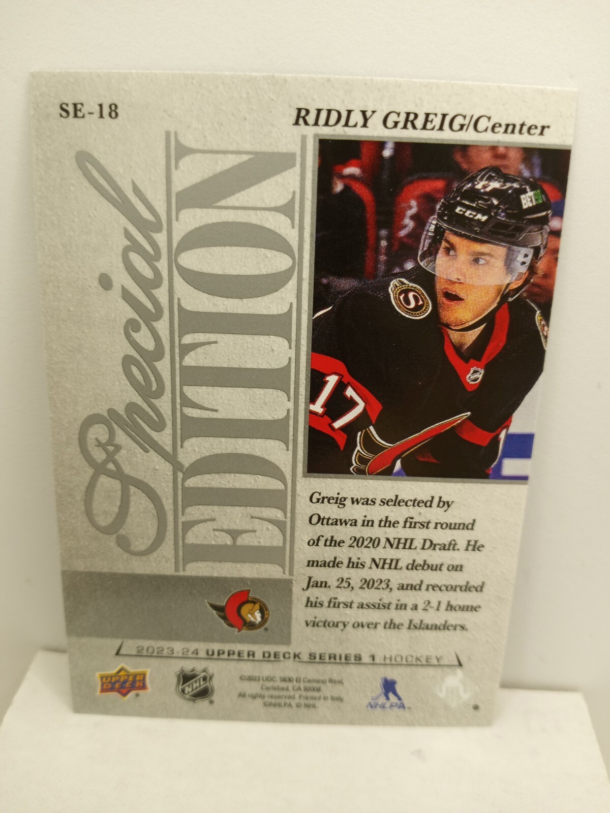2023-24 Upper Deck Hockey Series 1 Ridley Greig Special Edition Ottawa ...