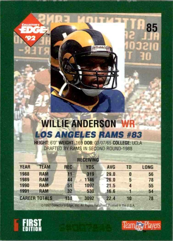 1992 Collectors Edge Willie Anderson Los Angeles Rams #85 | eBay