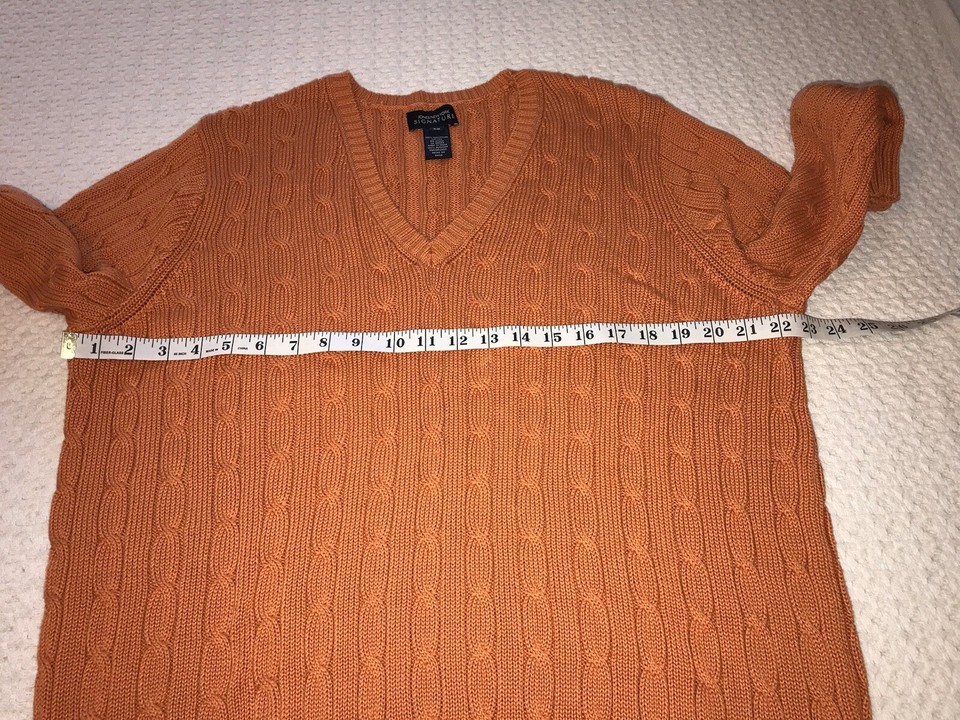 Cable Knit Sweater Women 2X V Neck 100% Cotton Orange Preppy Comfy 3/4 ...