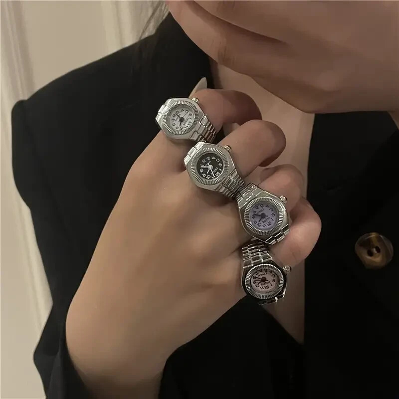 Women Unisex Finger Watch Creative Elastic Round Quartz Finger Ring ...