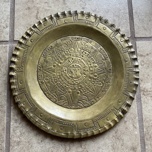 6" Brass MAYAN AZTEC SUN STONE CALENDAR PLATE Wall Decor VTG Souvenir ...