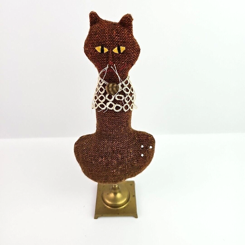 Vintage Cat Burlap on Brass Stand Pin Cushion Sewing Collectible Taiwan ...