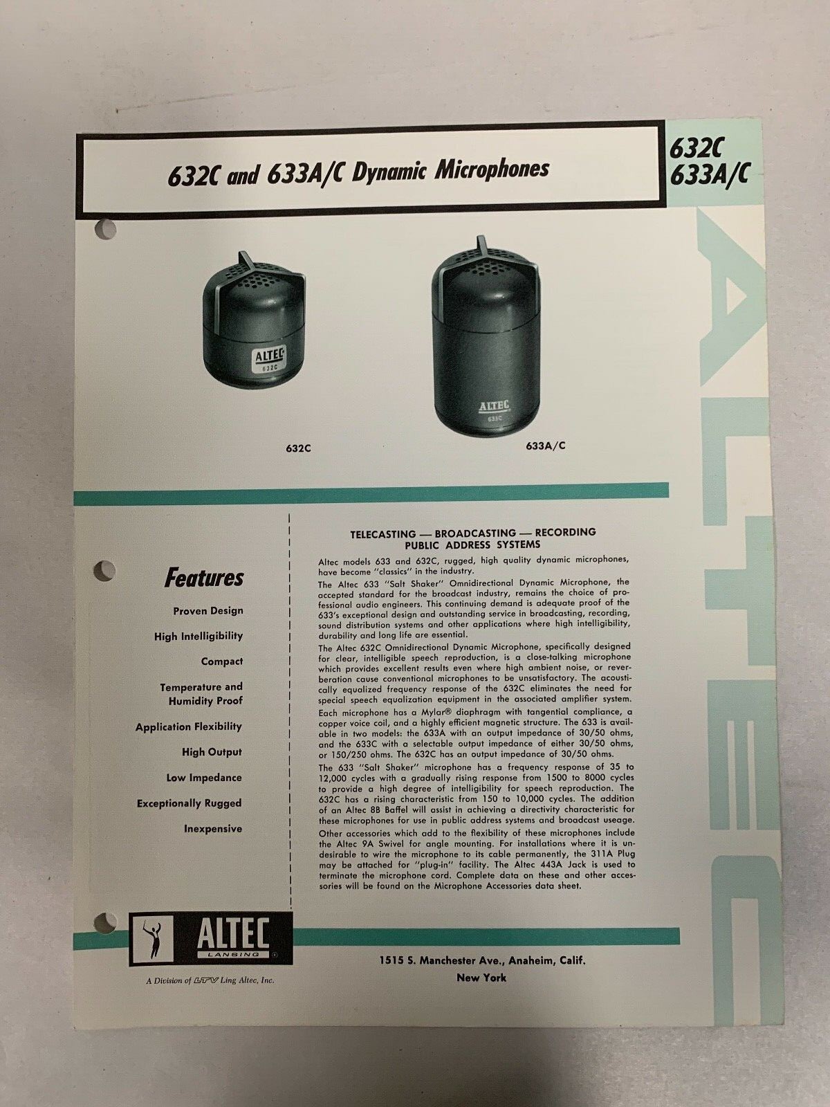 Original Vintage Altec 632C 633A/C Dynamic Microphone Specification ...