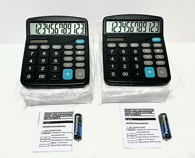 NEW 2-Pack: 12-Digit Dual Power Desktop Calculator Large LCD Display ...