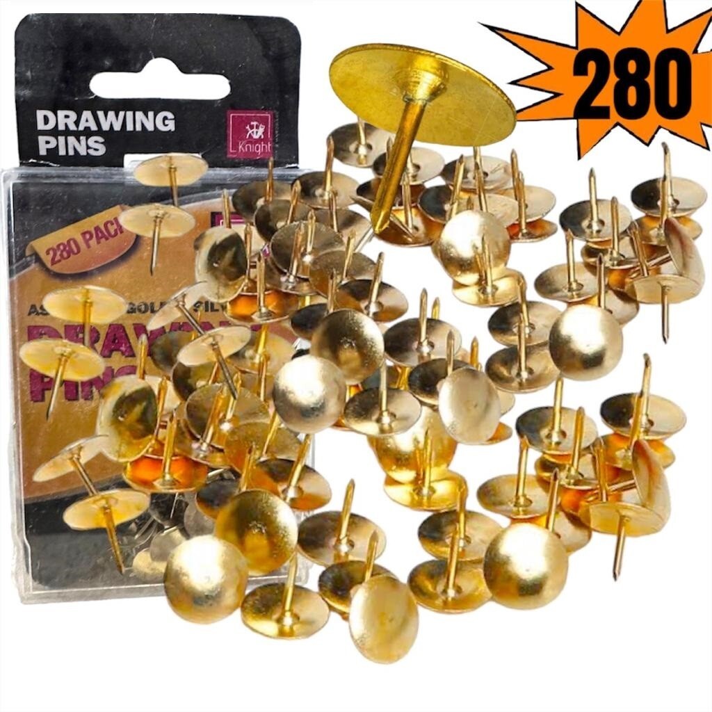 280 Brass Drawing Pins - Strong Head Push Cork Board Thumb Tacks Boxed ...