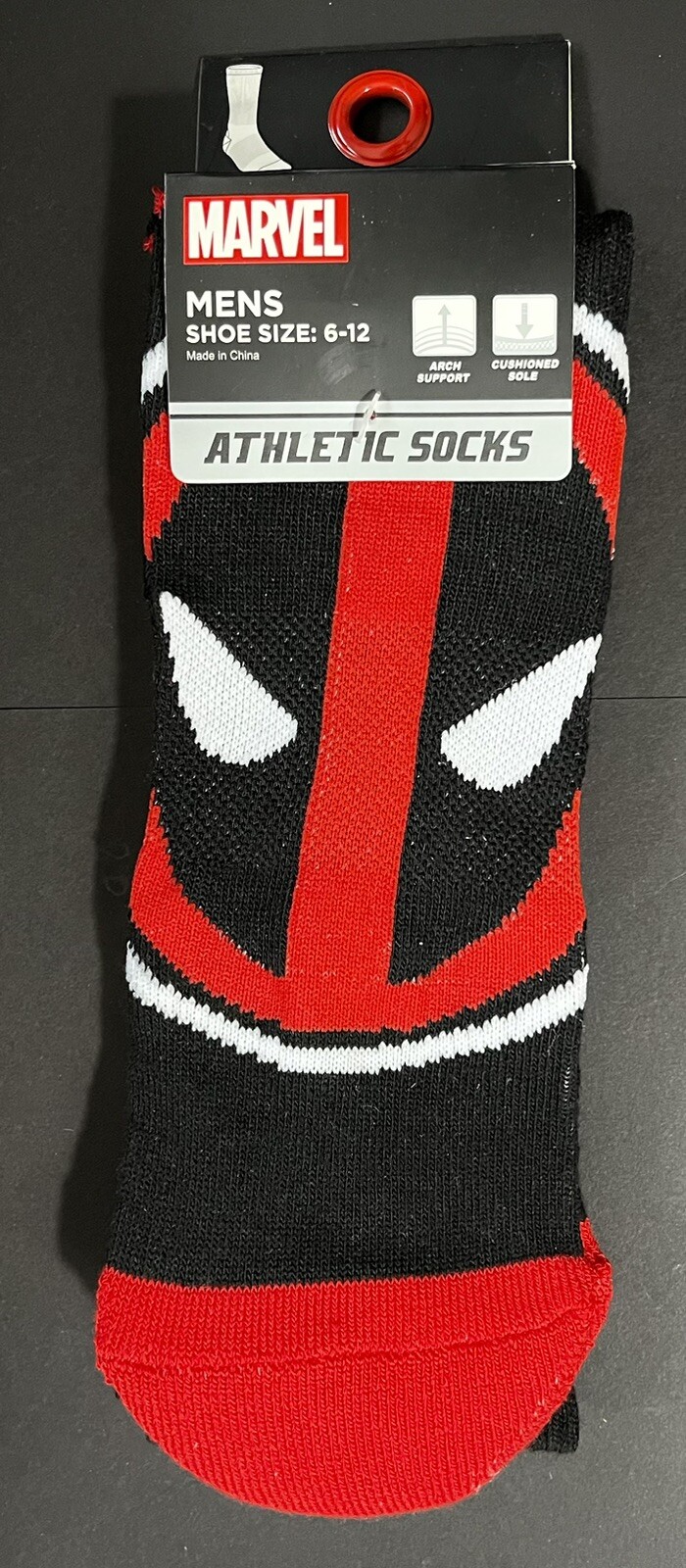 Marvel Deadpool Athletic Socks Crew Length Black Red Size 6-12 Arch ...