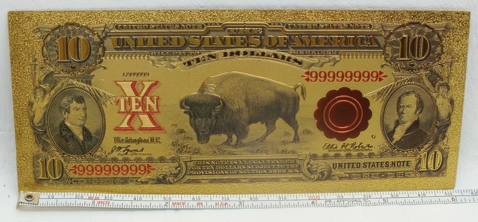 1901 $10 Bison Buffalo Novelty 24K Gold Foil Plated Note Bill 6 ...