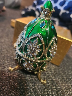 Emerald Green Embellished Enameled Pedestal Faberge Egg Jewelry Trinket ...