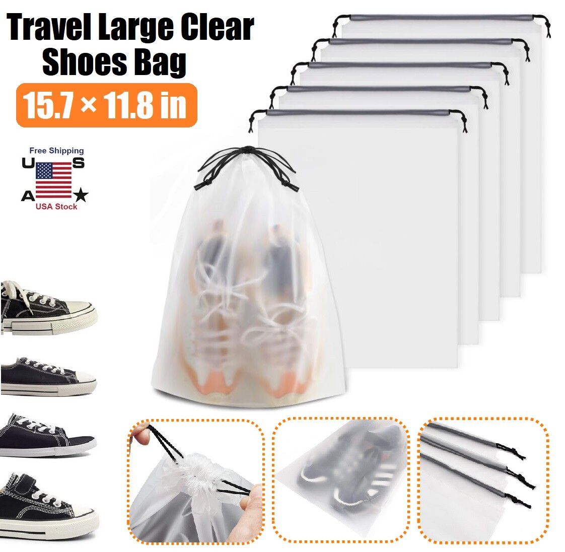 10× Large Clear Shoe Bag Storage for Travel w/ Rope 12×16in Portable ...