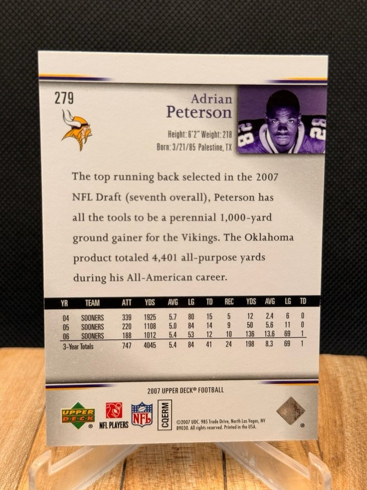 2007 Upper Deck - Star Rookie Adrian Peterson #279 Rookie Exclusives ...