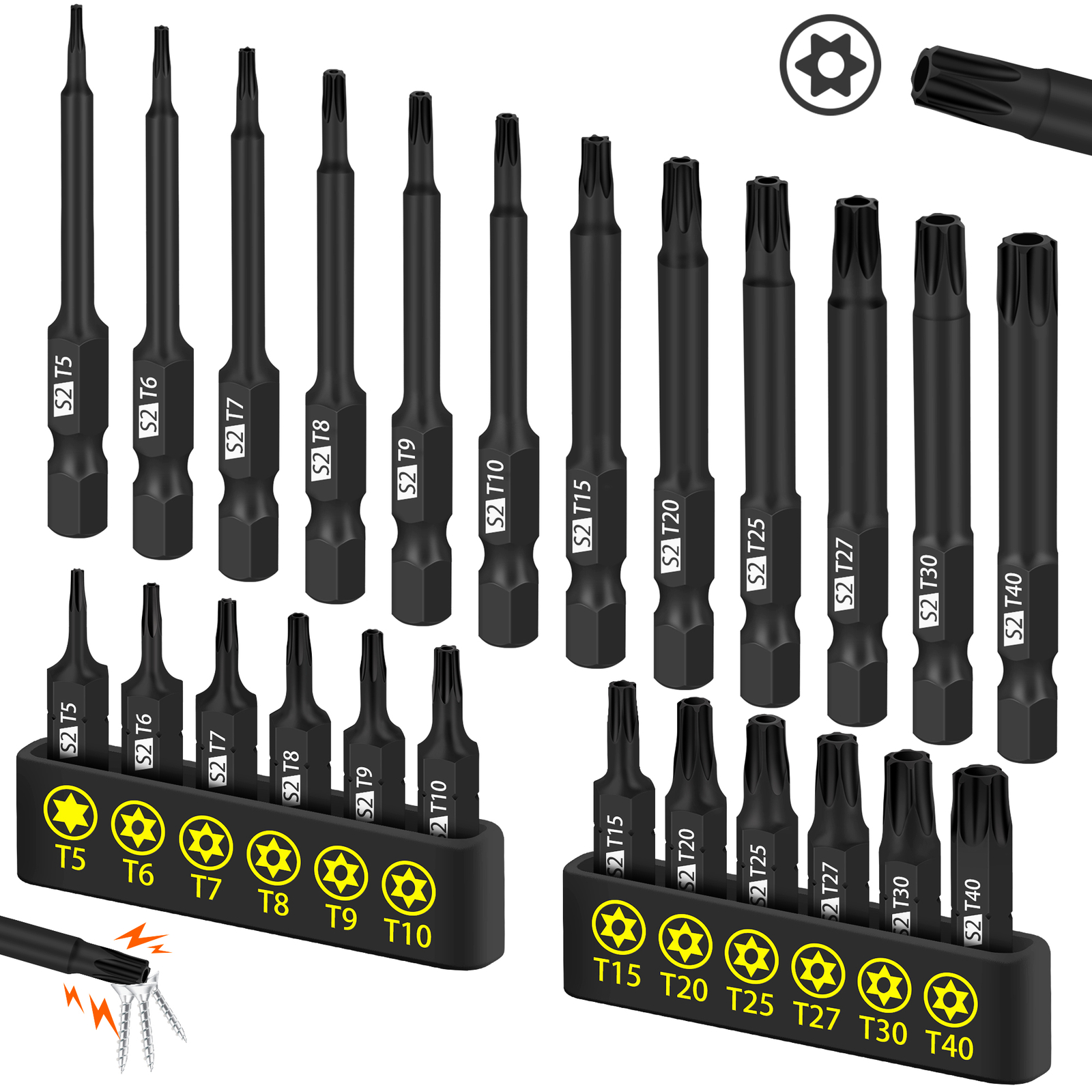 24PC Tamper Resistant Star Bits Magnetic Quick Change Impact Driver ...